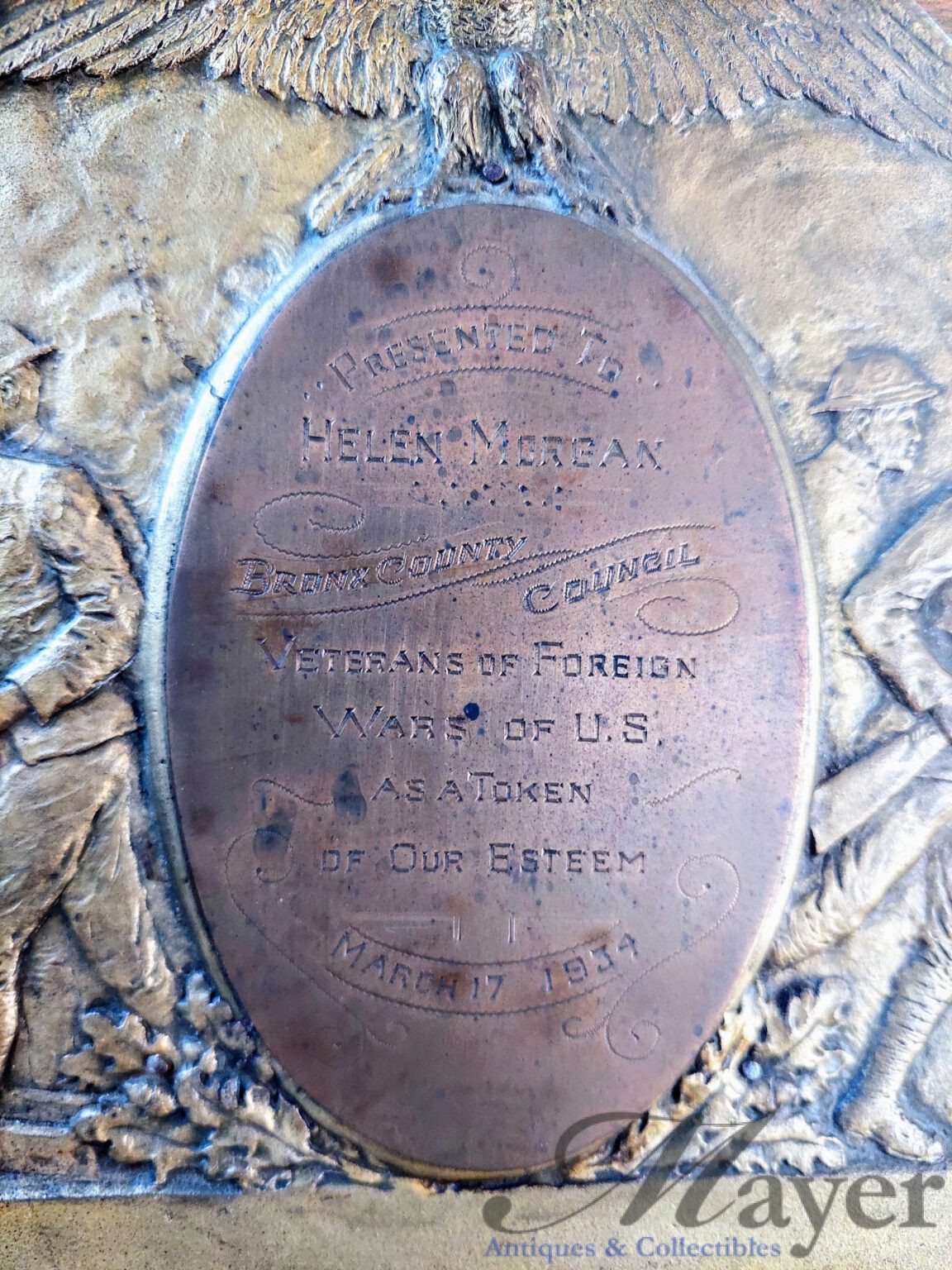 American Veterans of Foreign Wars Appreciation Plaque to Helen Morgan