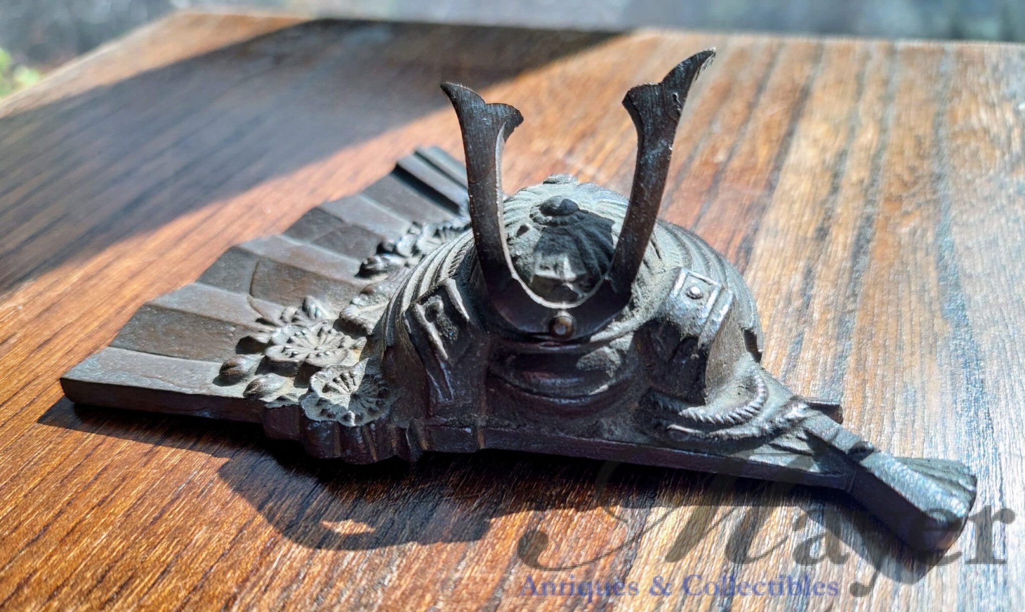 Japanese Samurai Helmet & Fan Iron Paperweight