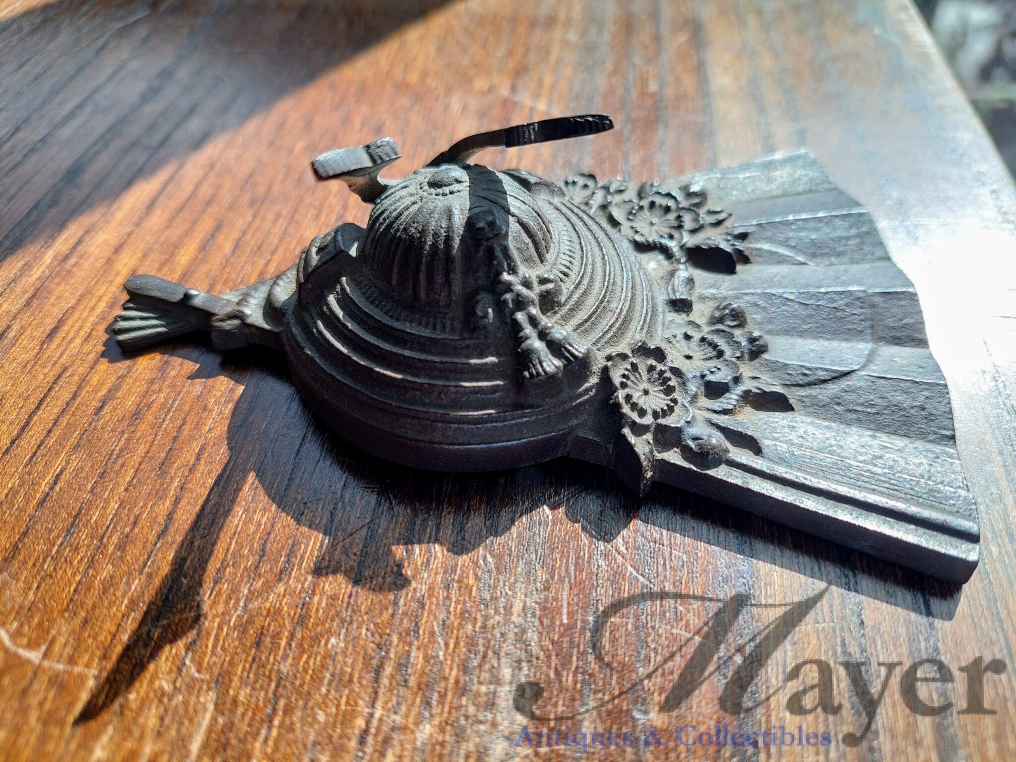 Japanese Samurai Helmet & Fan Iron Paperweight