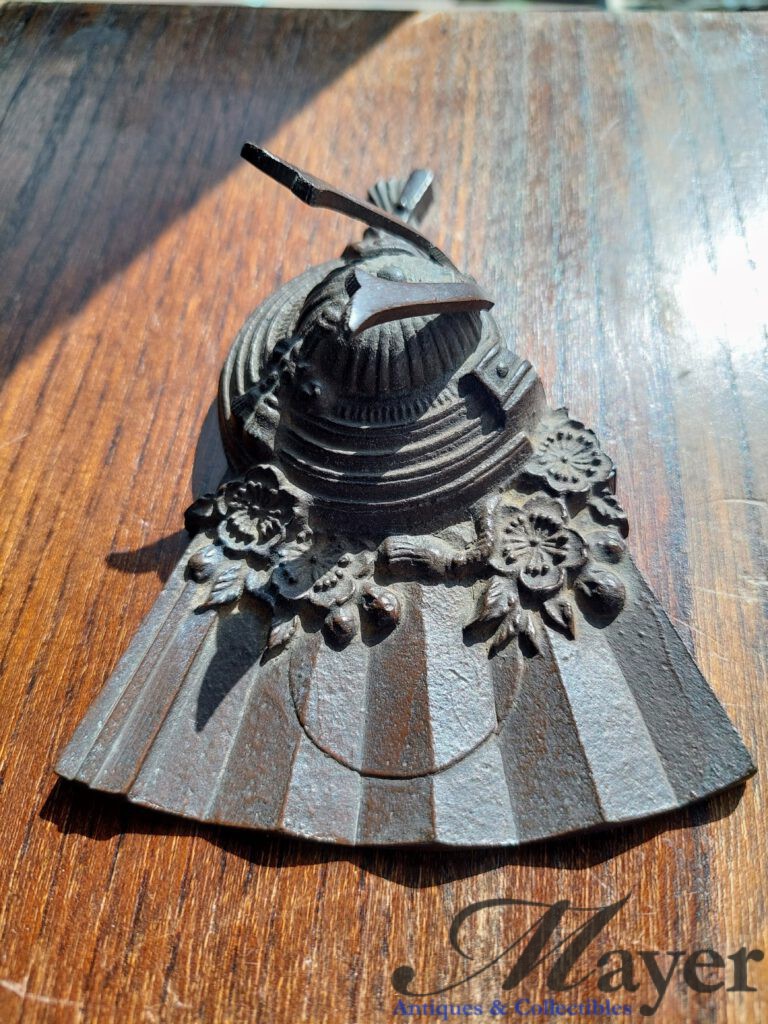 Japanese Samurai Helmet & Fan Iron Paperweight