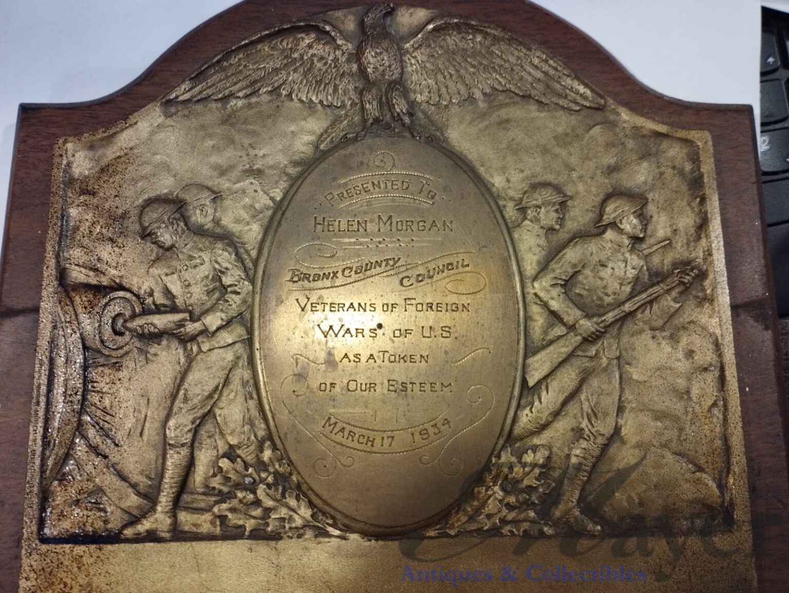 American Veterans of Foreign Wars Appreciation Plaque to Helen Morgan